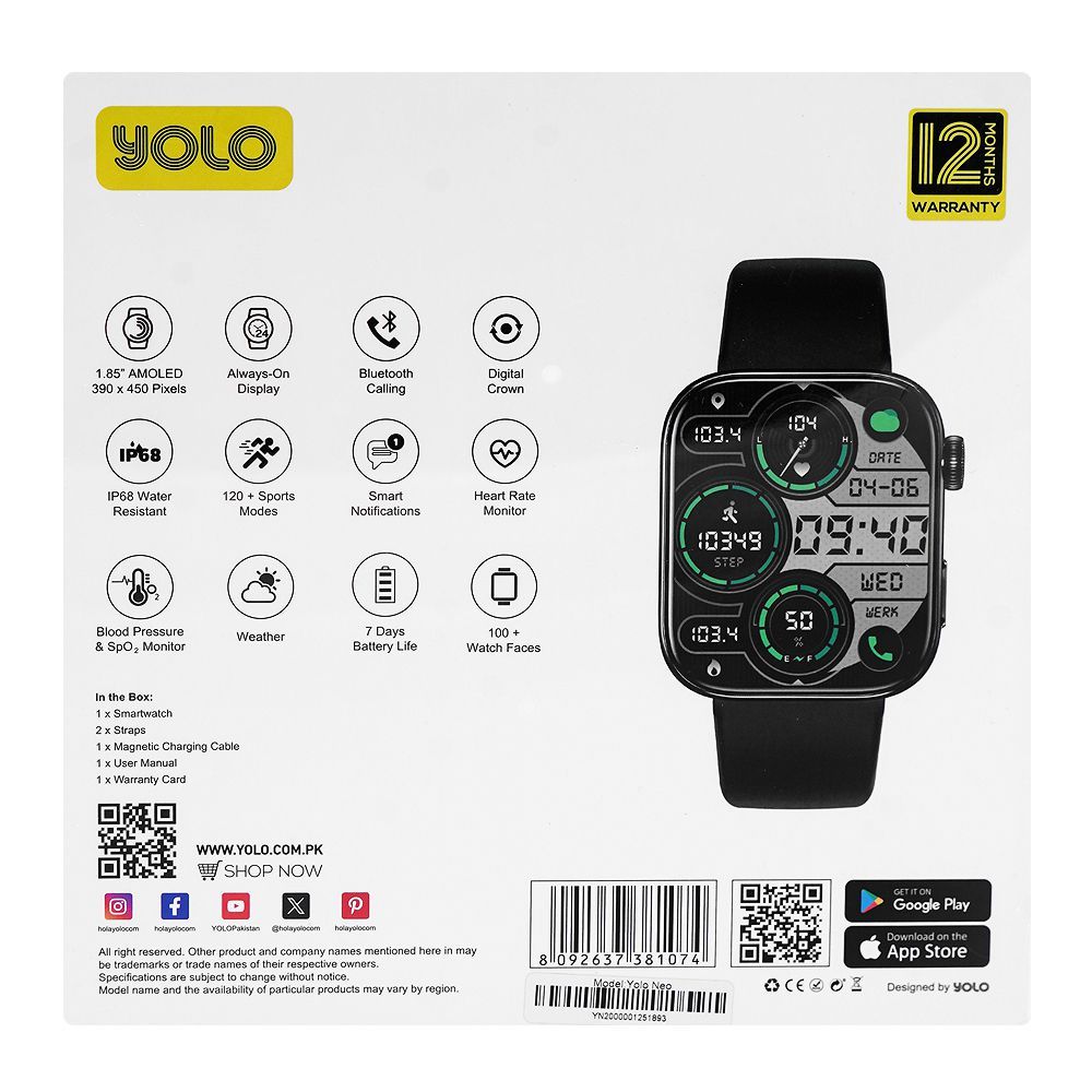 Yolo 1.85 Inch Amoled Display Neo Smart Watch, IP68 Water Resistant, 7 ...