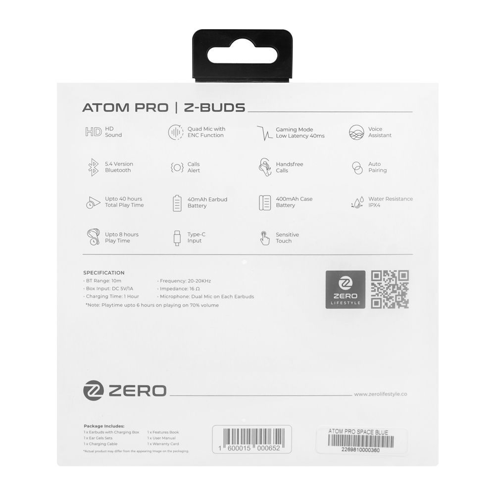 Zero Atom Pro Z ENC Wireless Earbuds, Space Blue