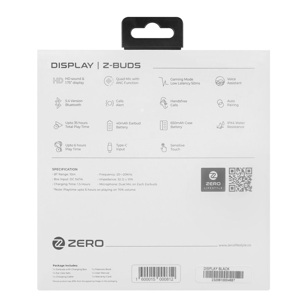 Zero Display Z ANC Wireless Earbuds, Metallic Black
