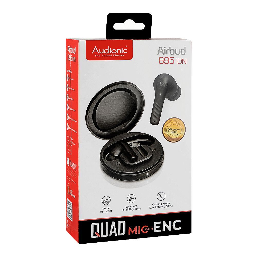 Audionic Quad Mic With ENC Earbuds Airbud-695 Ion, 40H Play Time, 400mAh Case Battery, Black