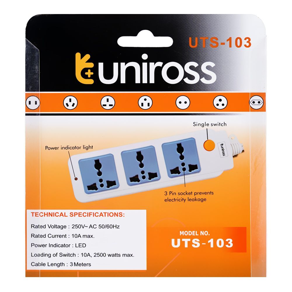 Uniross Extension Socket, 3 Meter Cable, 2500W Max, UTS-103