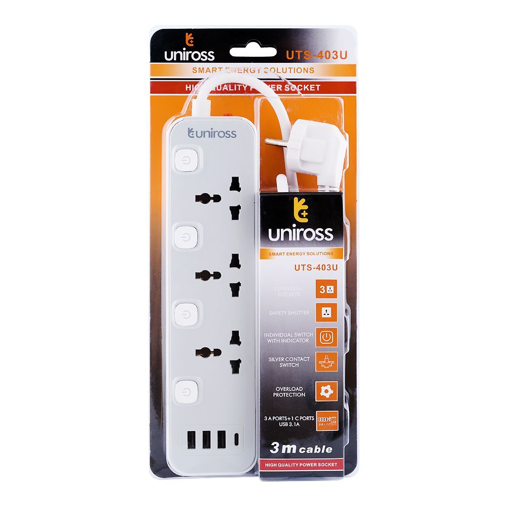 Uniross 3 Way + 3 USB-A Ports + 1 X USB-C Port 3 Meter Cable Extension ...