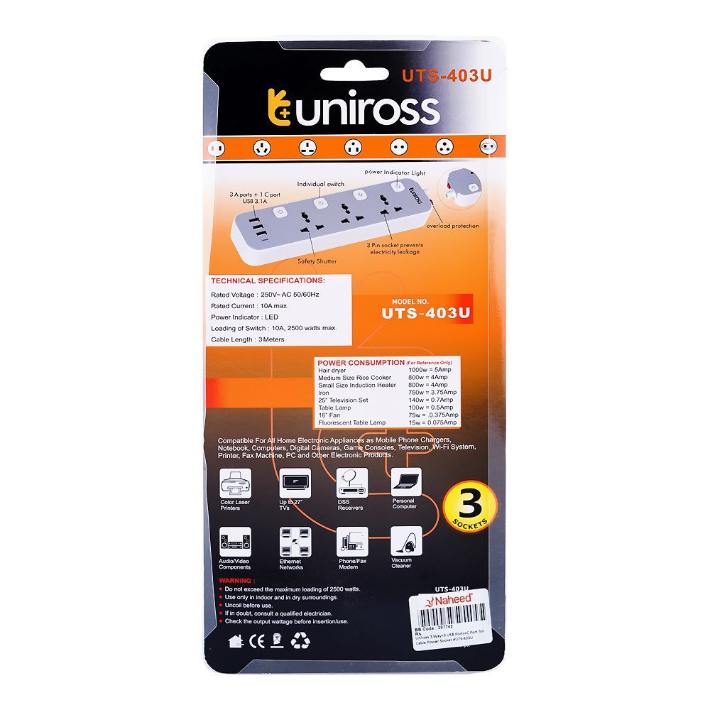 Uniross 3 Way + 3 USB-A Ports + 1 X USB-C Port 3 Meter Cable Extension ...