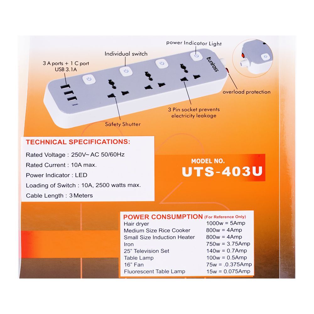 Uniross 3 Way + 3 USB-A Ports + 1 X USB-C Port 3 Meter Cable Extension ...