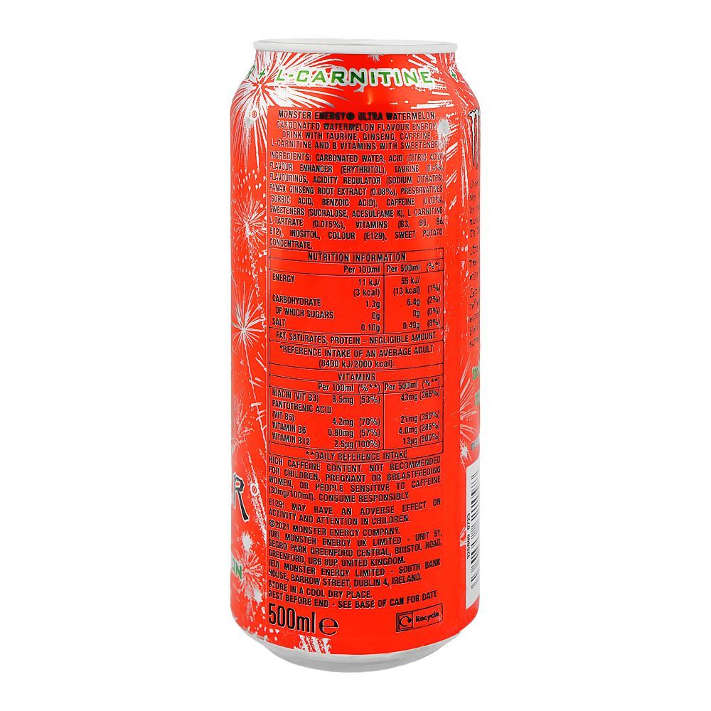 Monster Ultra Water Melon Zero Sugar Energy Drink, 500ml