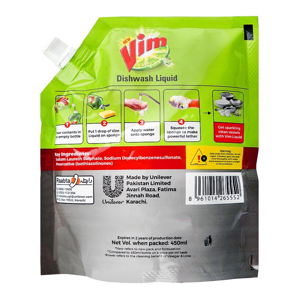 Vim Power Of Vinegar & Lime Dishwash Liquid, 450ml Pouch
