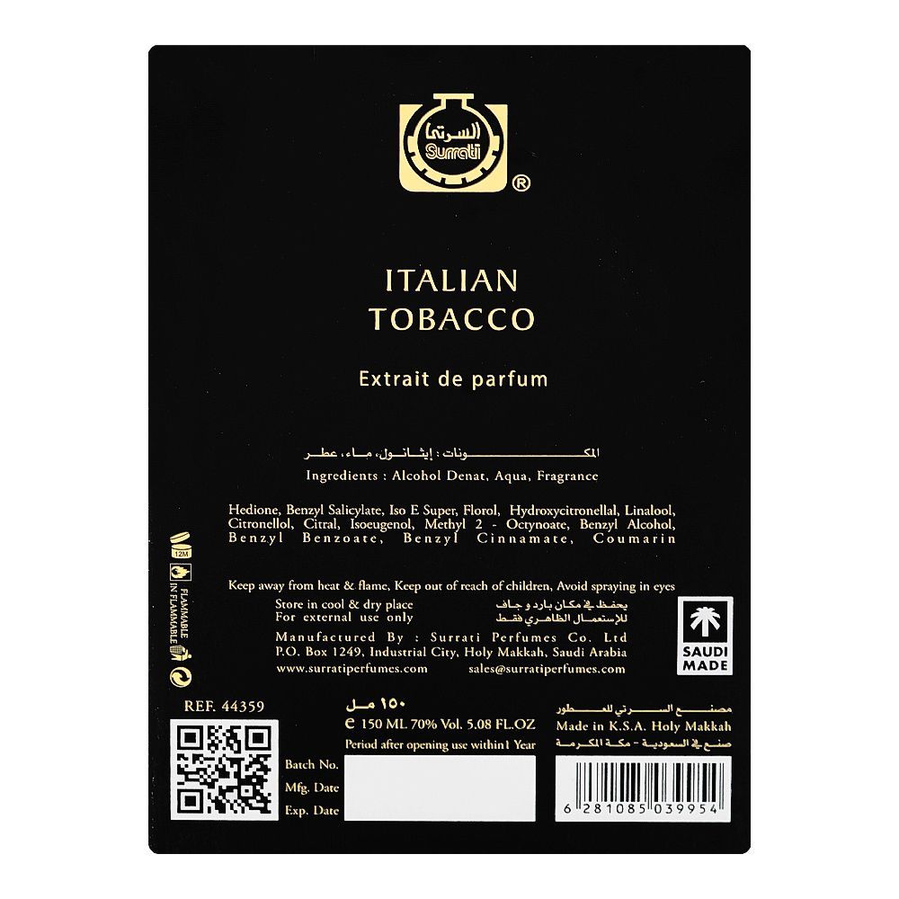Surrati Italian Tobacco, Extrait De Parfum, For Men & Women, 150ml