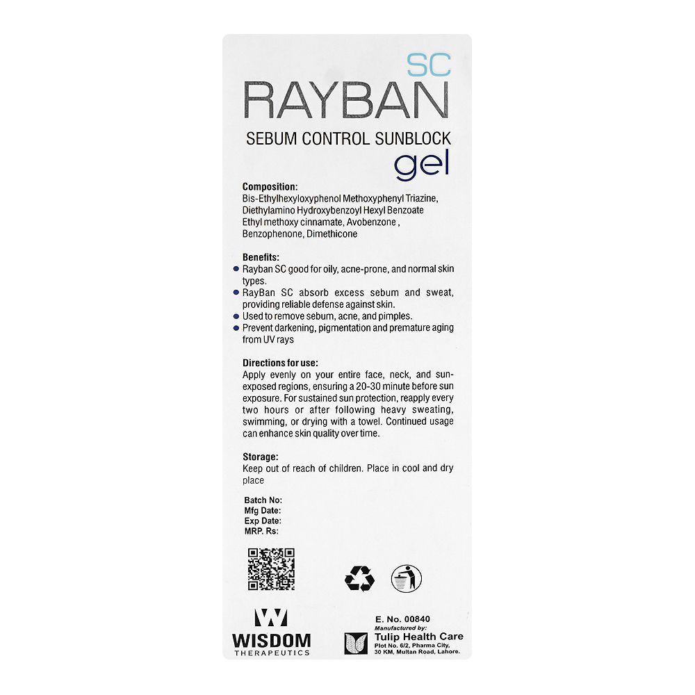 Tulip Health Care Rayban SC Gel, SPF40 PA+++ For Acne Prone Skin, 30g