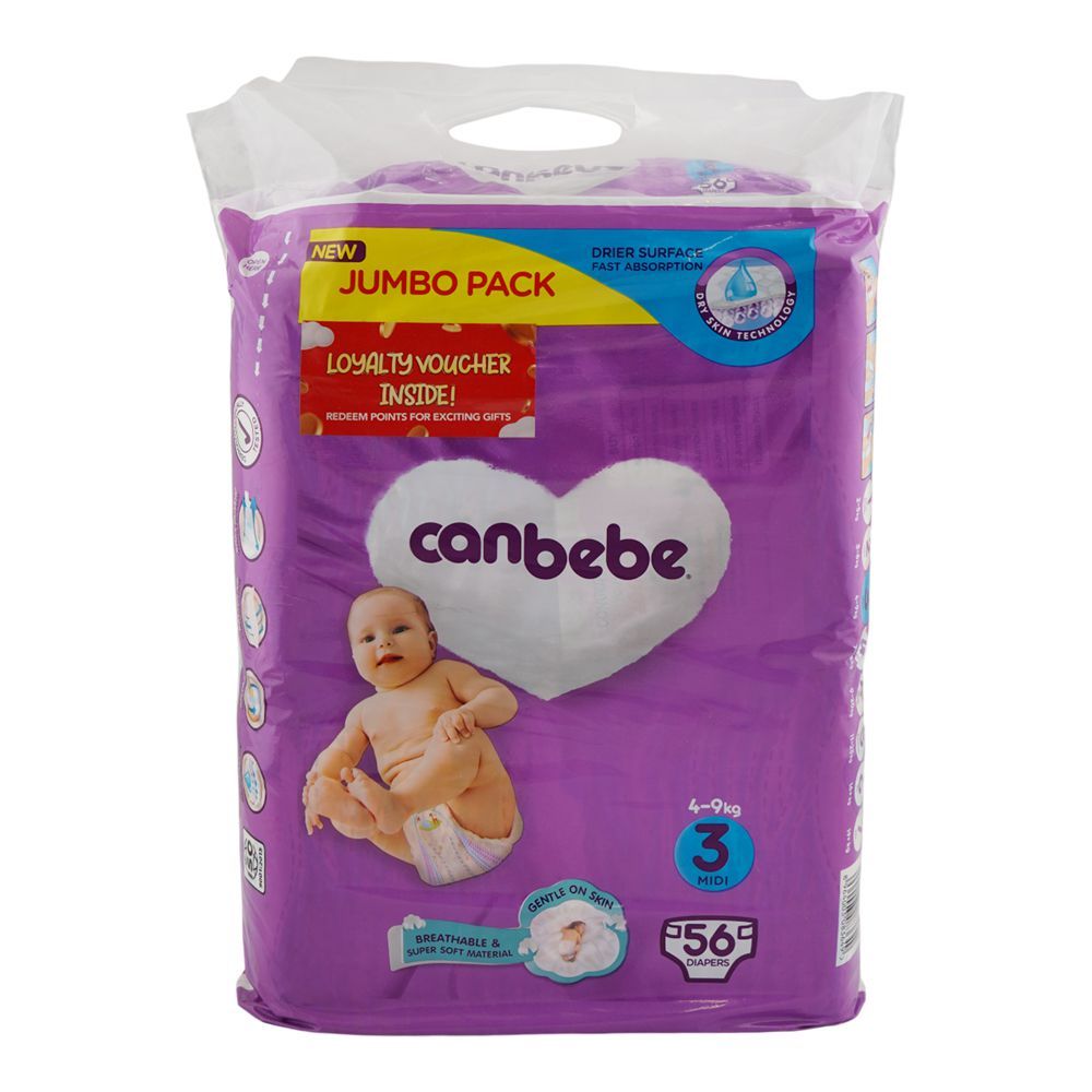 Canbebe Baby Diapers, Midi No 3, 4-9KG, 56-Pack