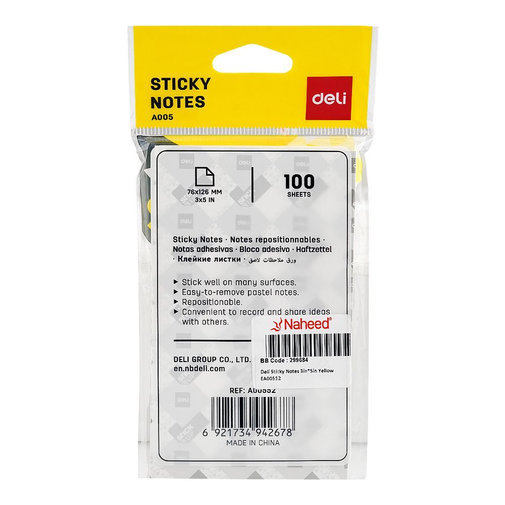 Deli Sticky Notes 3 X 5 Inches, Yellow, EA00552