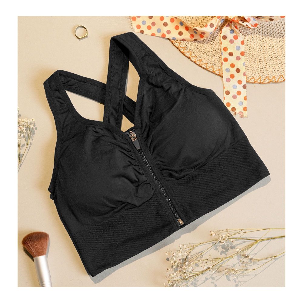 Women's Gym & Sport Front Zipper Bra, Nylon, Wire Free, Black, 288