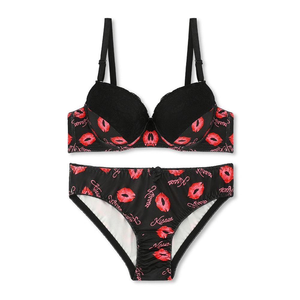 Sajiero Women's Bra Set, Poly-Cotton, Noir Kiss Black