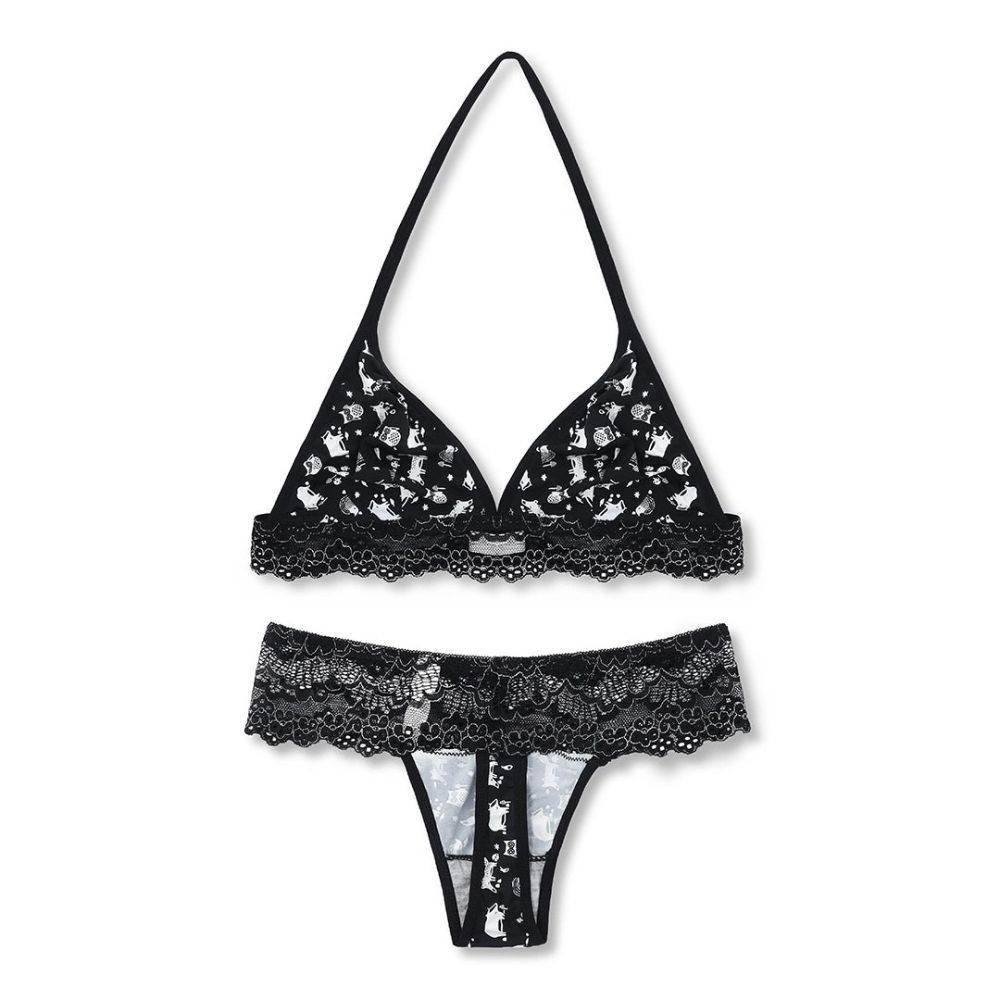 Sajiero Women's Bra Set, Poly-Cotton, Dark Fantasy Black