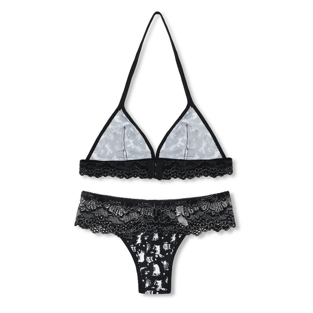 Sajiero Women's Bra Set, Poly-Cotton, Dark Fantasy Black