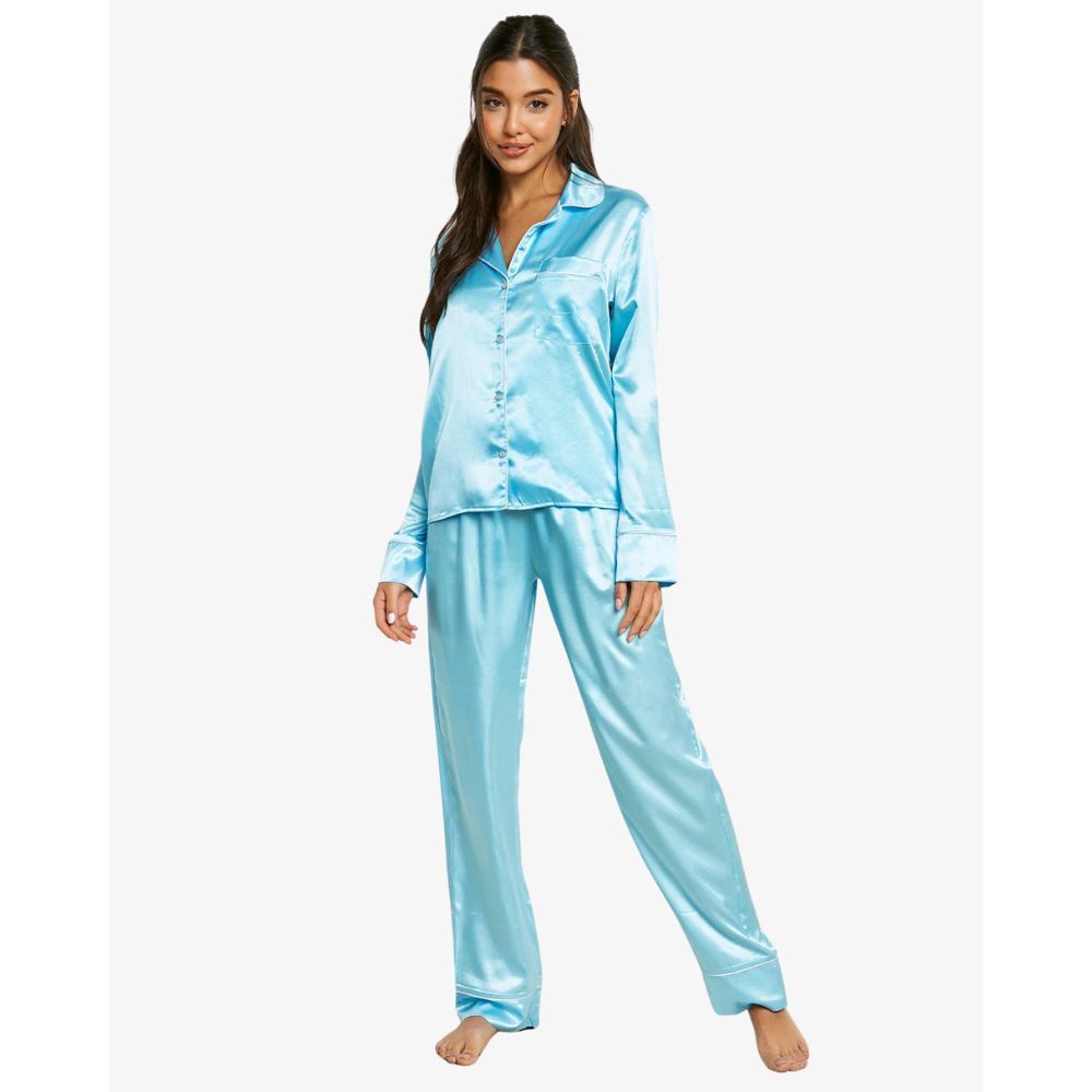 Sajiero Women's Full-Sleeves Pajama Suit with Scrunchie, Silk, Pearl Ferozi