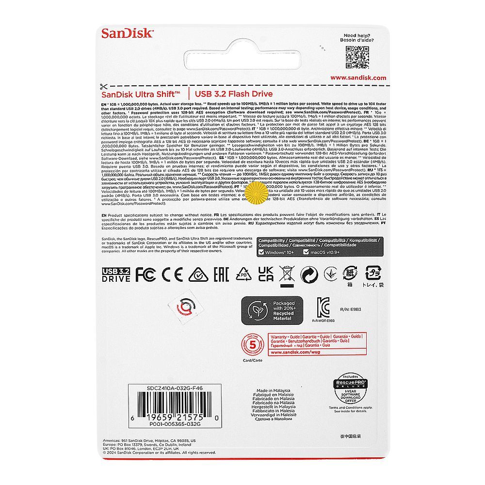 Sandisk Ultra Shift 32GB USB 3.2 Flash Drive, Speed Up to 100MB/s