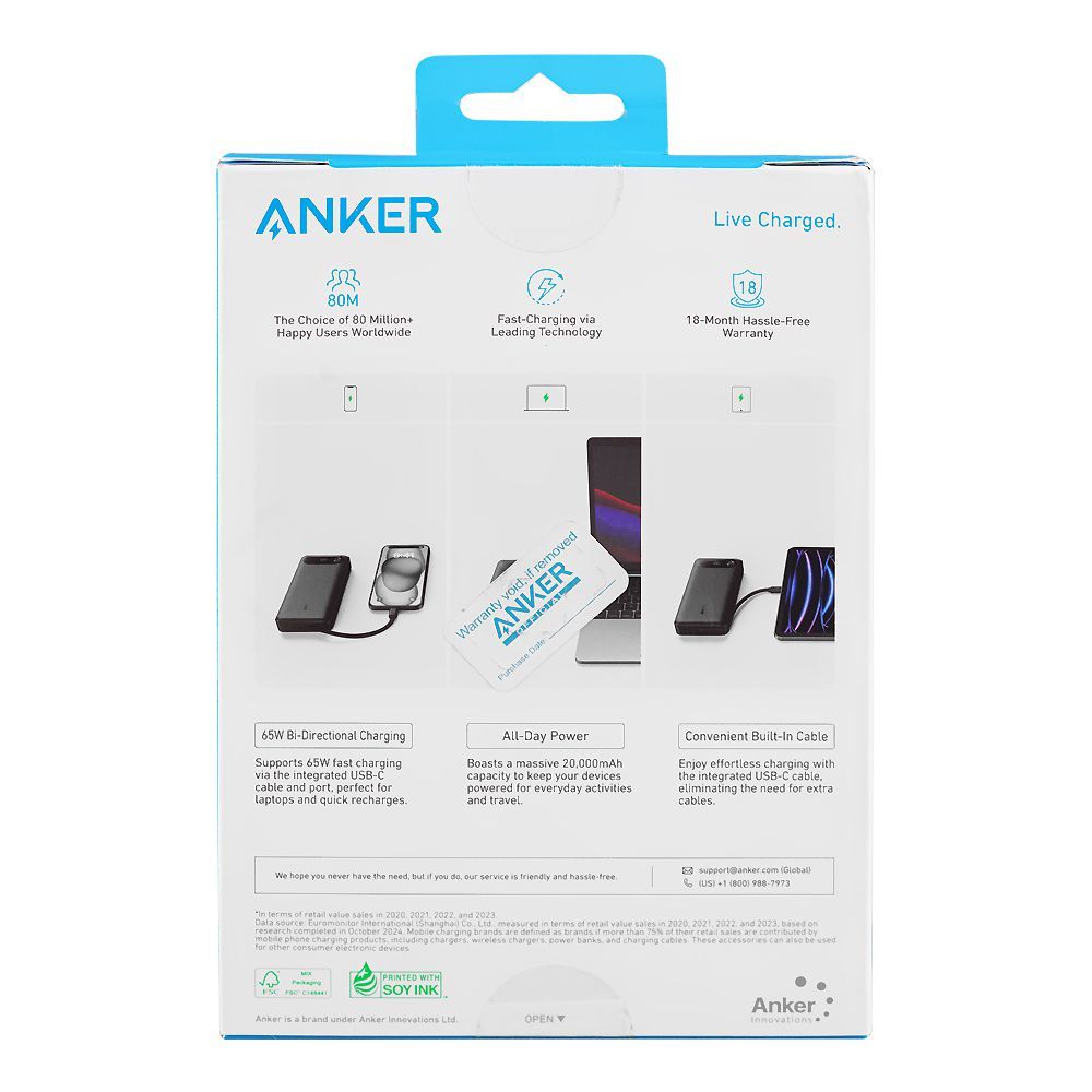 Anker 20000mAh Two-Way Power With Built-In 65W USB-C Port & Cable, 87W ...