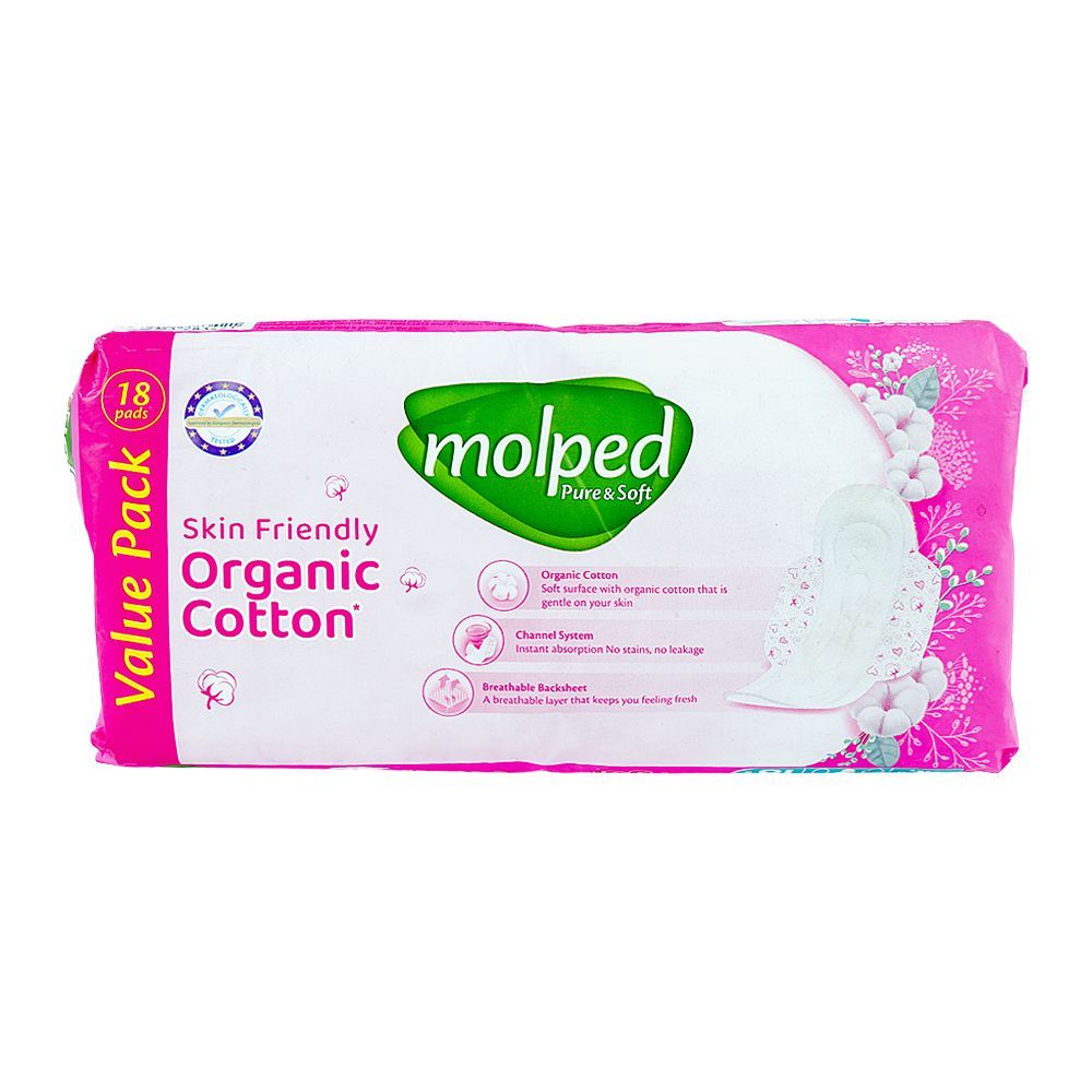Molped Pure & Soft Maxi Thick Organic Cotton Pad, Long, Value Pack, 18-Pack