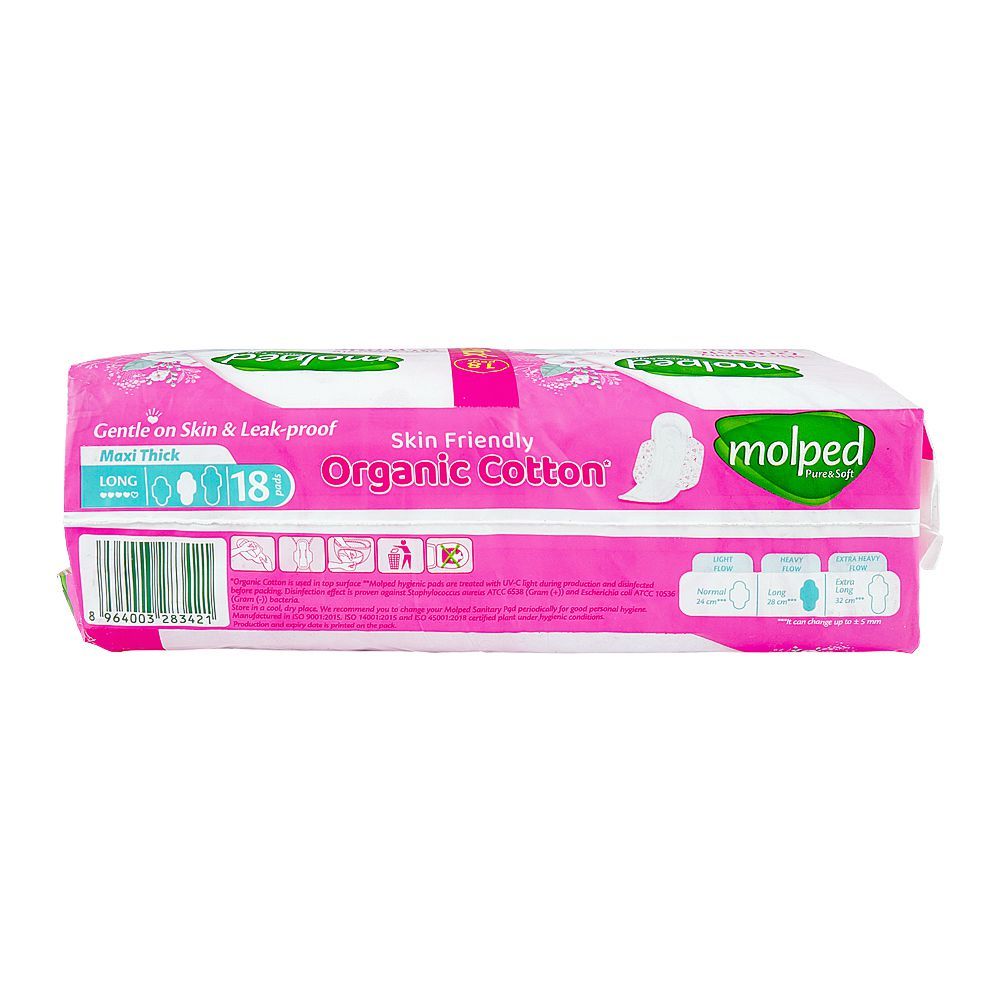 Molped Pure & Soft Maxi Thick Organic Cotton Pad, Long, Value Pack, 18-Pack