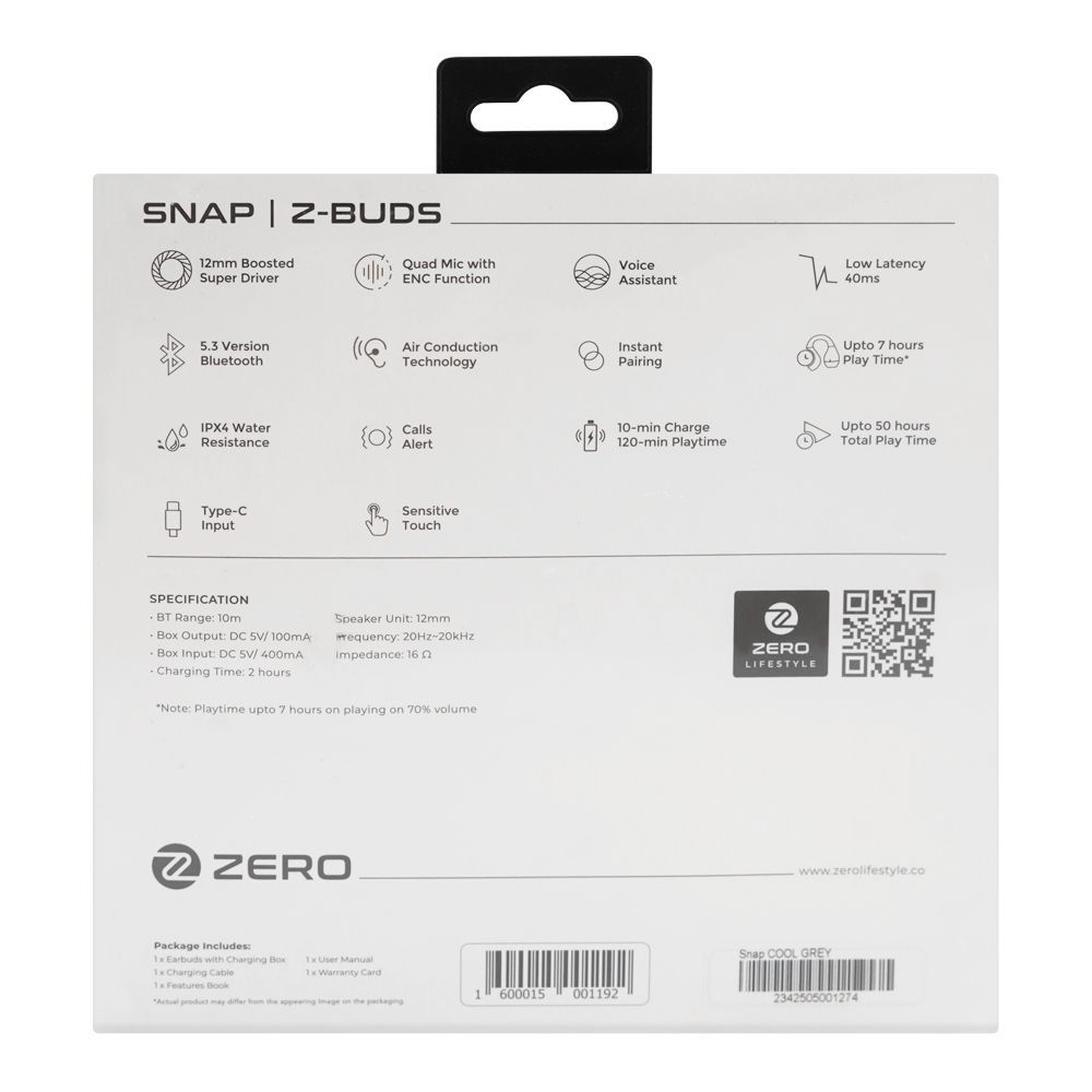 Zero Snap Z-Buds ENC Wireless Earbuds, Up to 7 Hours Play Time, IPX4 ...