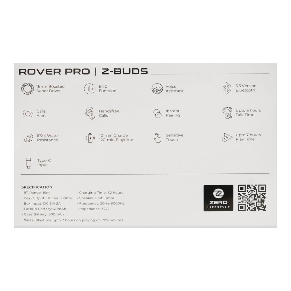 Zero Rover Pro Z-Buds ENC Wireless Earbuds, 600mAh Case Battery, IPX4 ...