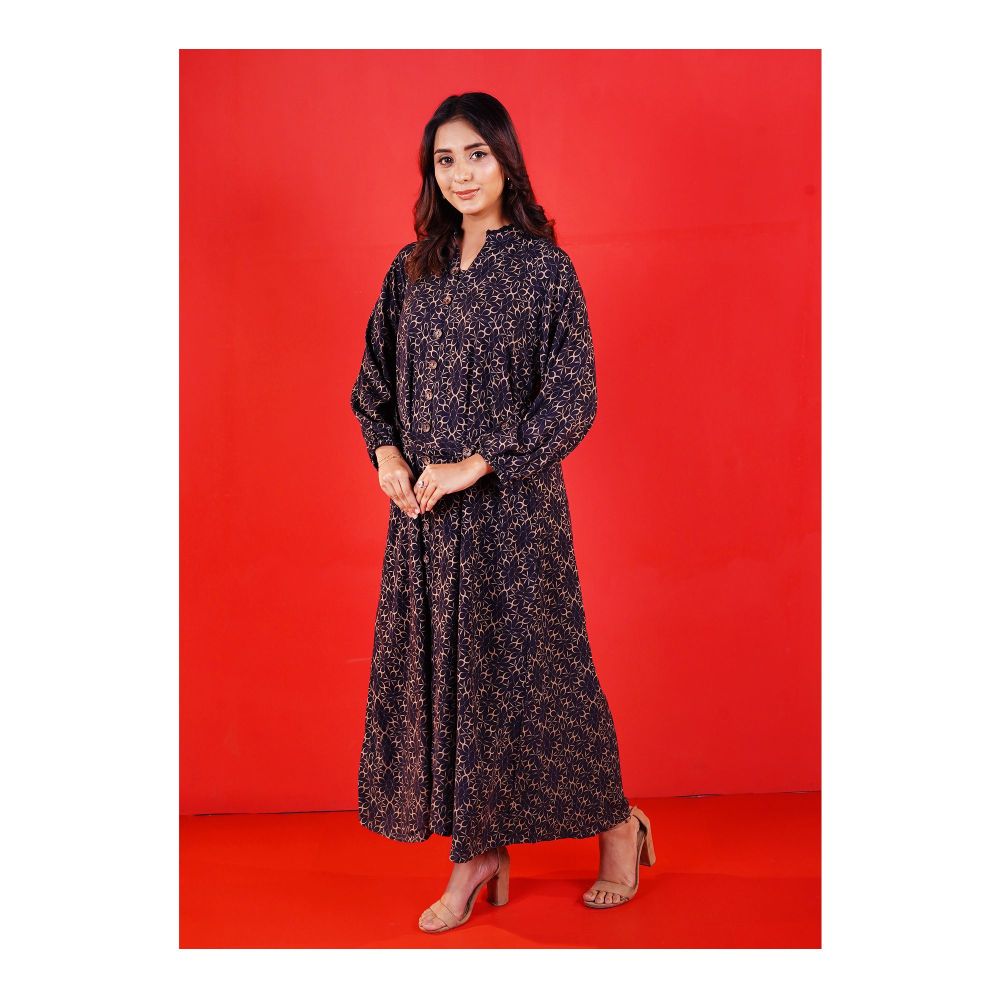 Basix Womens Mid-Night Blue & Gold Flora Long A-Line Frock With Belt ...