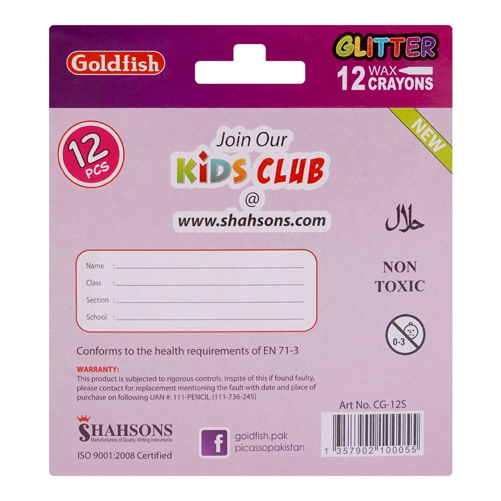 Goldfish Glitter 9mm Wax Crayons, CG-12S, 12-Pack, Assorted Colours