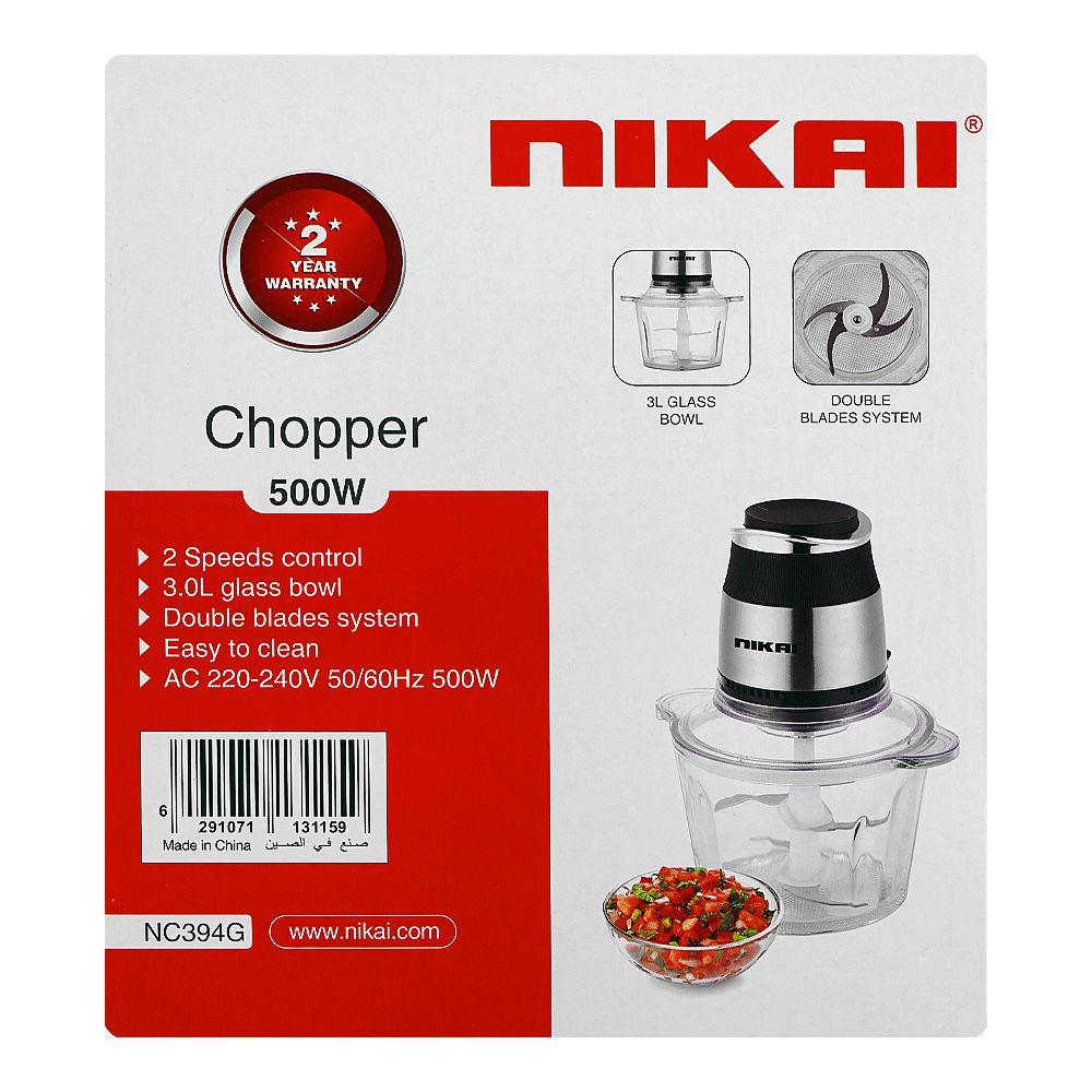 Nikai Chopper, 500W, 220-240V, 3 Liters Bowl, NC394G