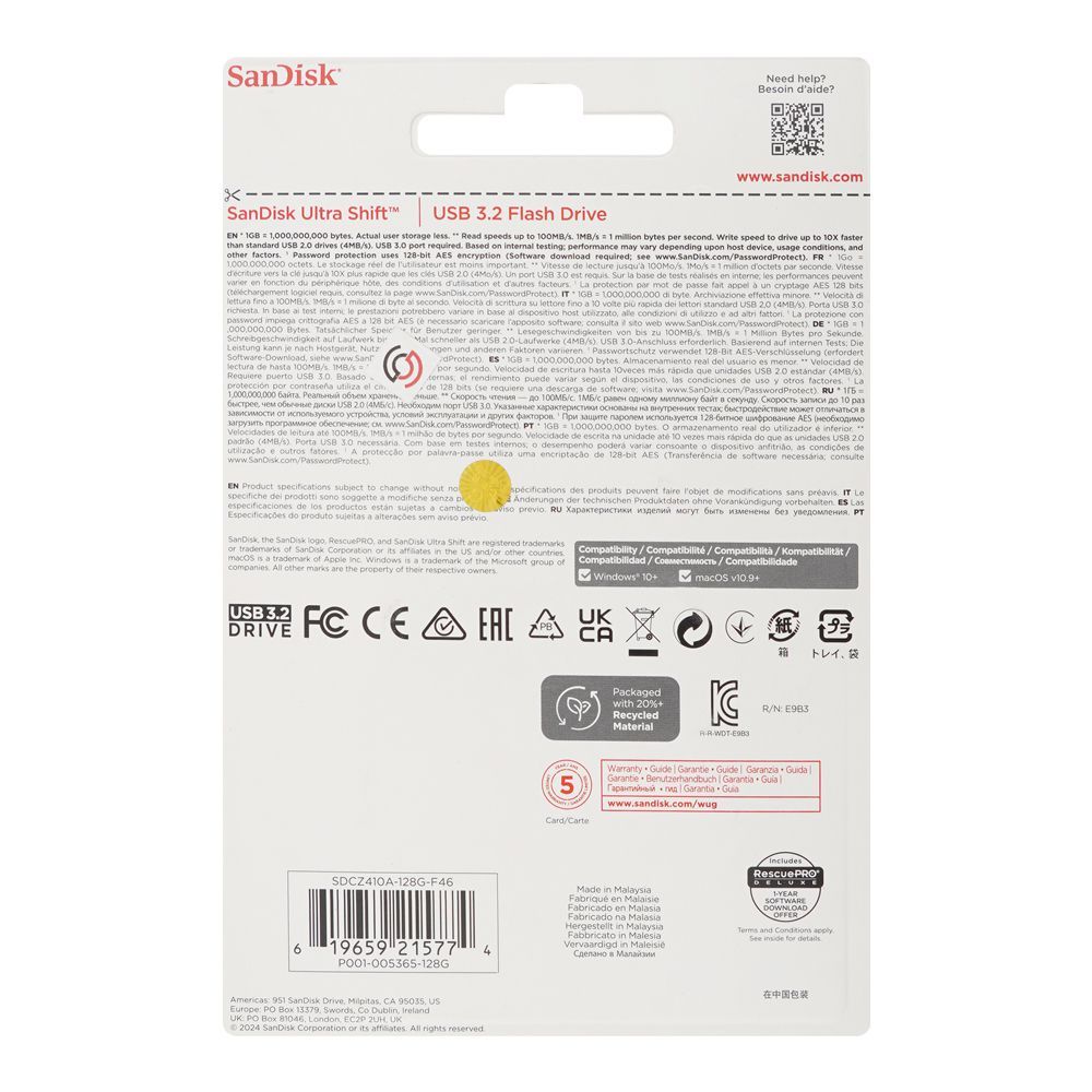 Sandisk Ultra Shift 128GB USB 3.2 Flash Drive, Speed Up To 100MB/s