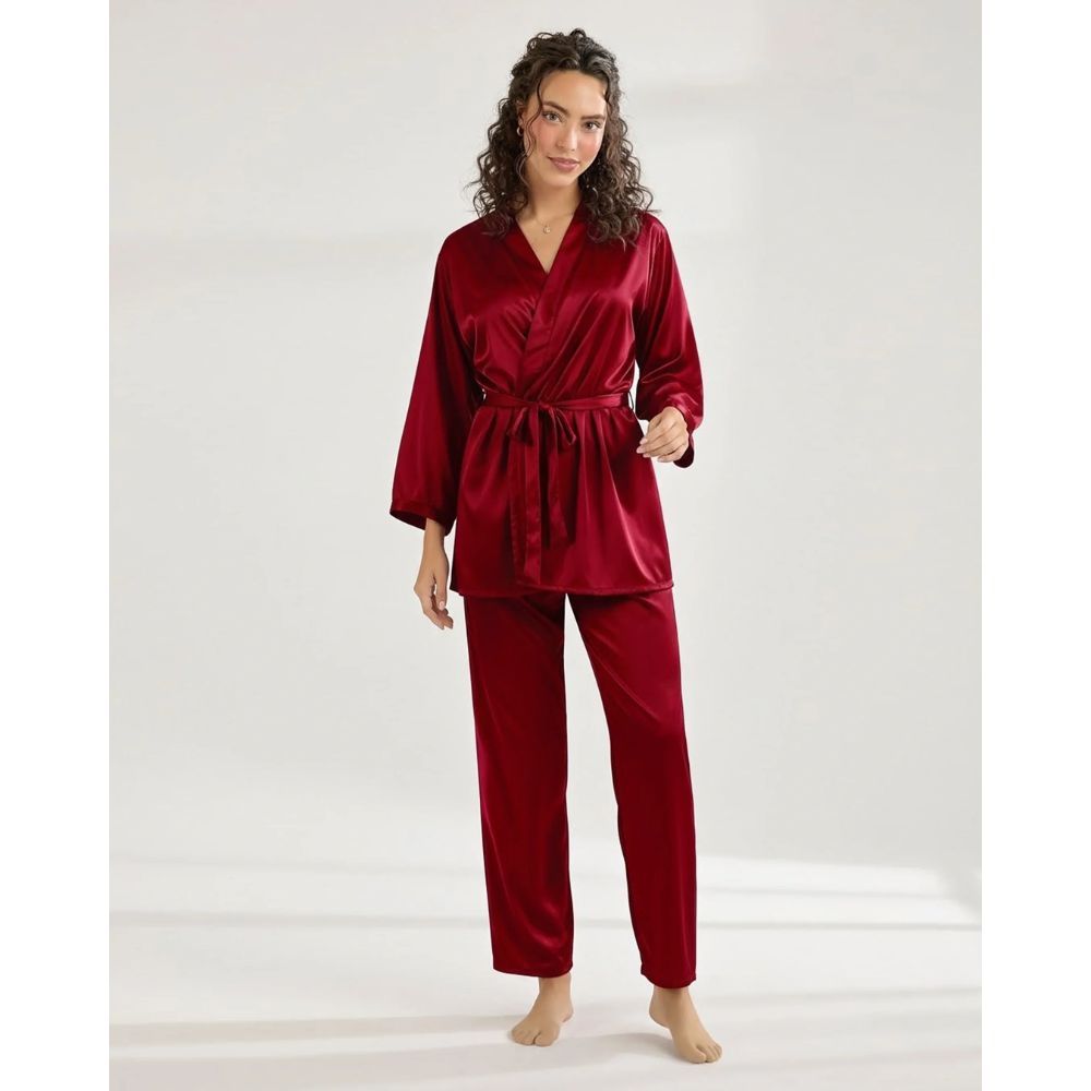 Sajiero Women's Silk Pajama Set, Silk Lounge, Maroon, M/L