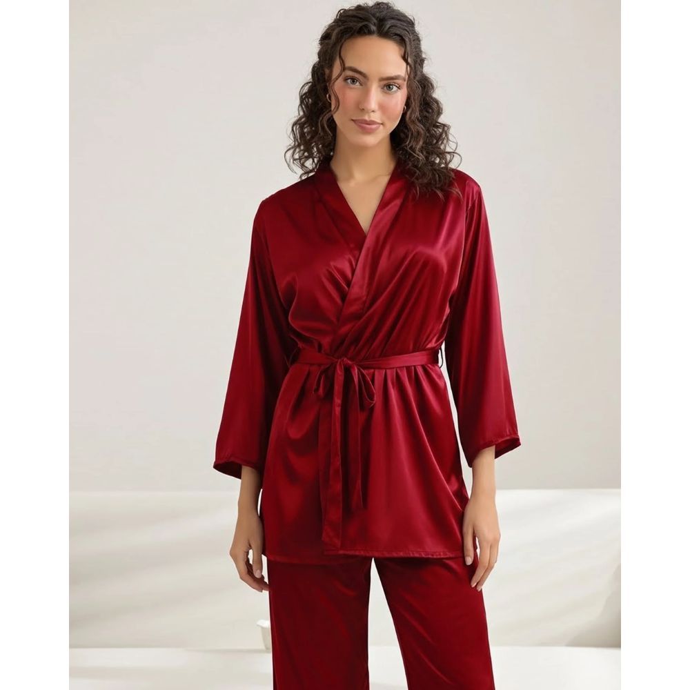 Sajiero Women's Silk Pajama Set, Silk Lounge, Maroon, M/L