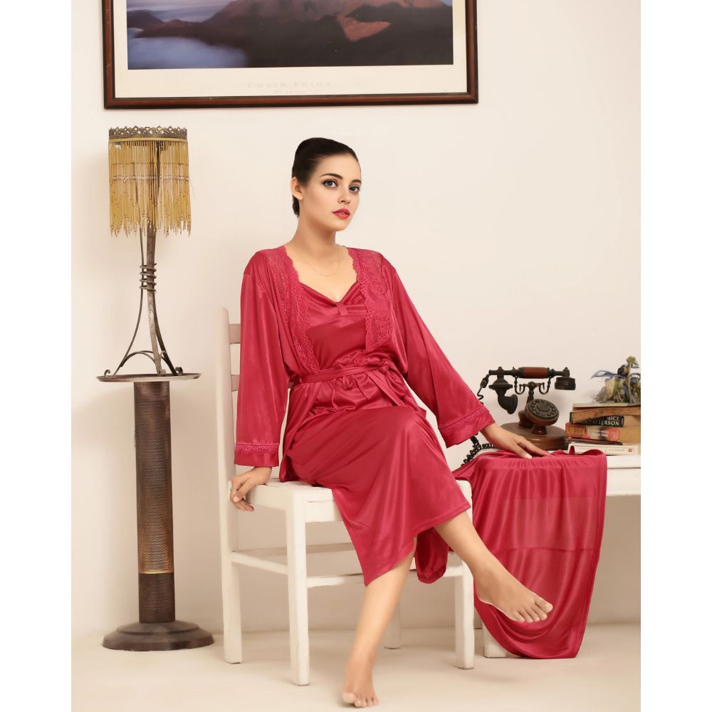 Sajiero Women's Gown Set, Liora Silk, Maroon, Perfect Fit for Bra Size ...