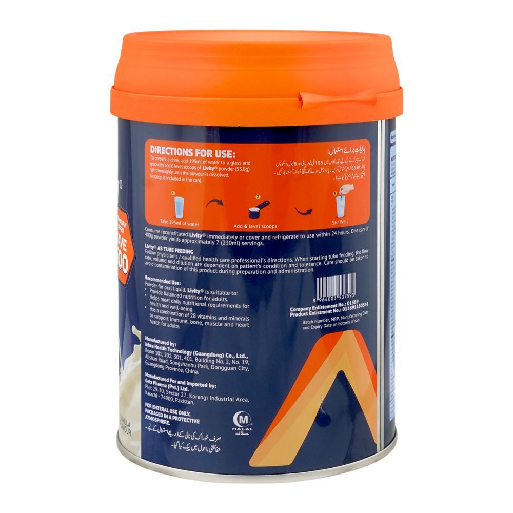Getz Pharma Livity Prime Vanilla Powder, 400g Tin