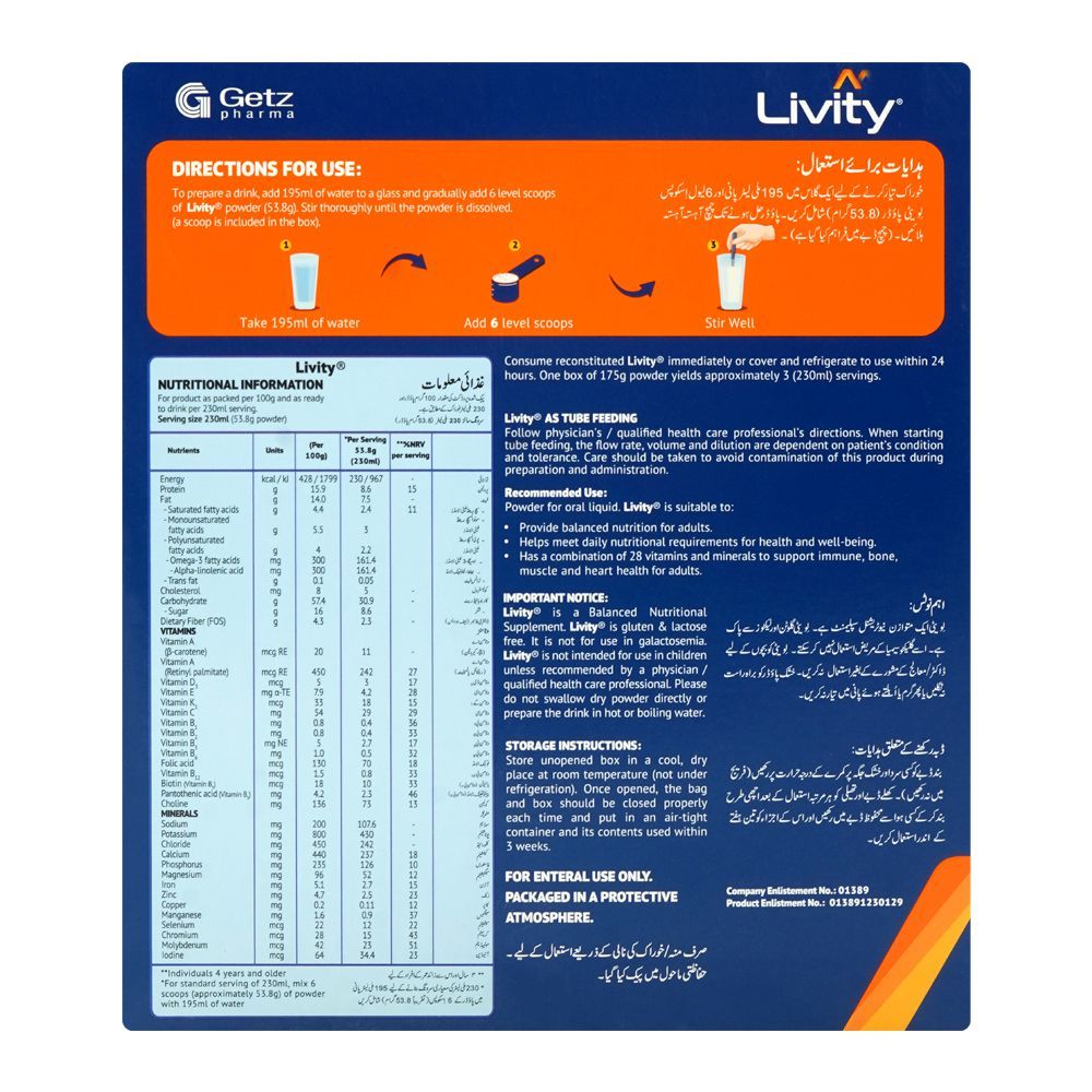 Getz Pharma Livity Prime Chocolate Powder, 175g Box