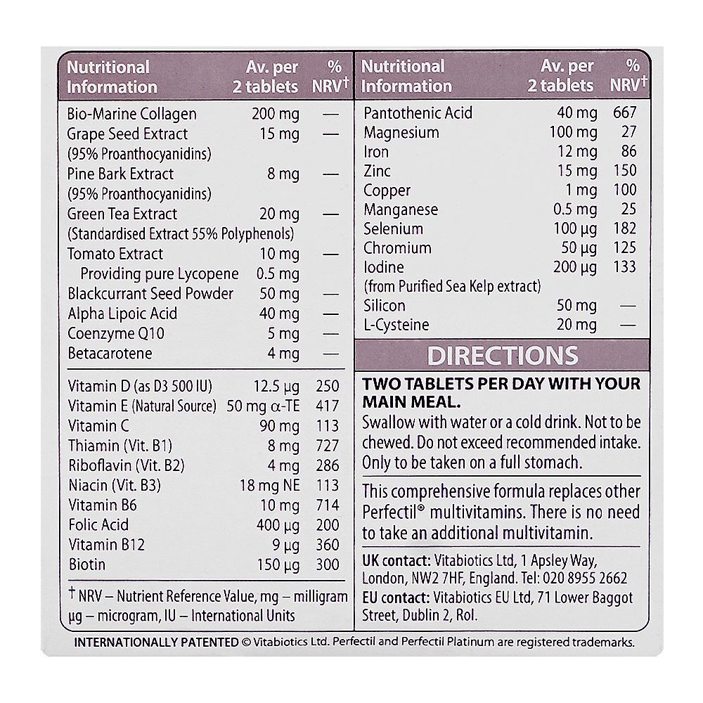 Vitabiotics Perfectil Platinum Tablet, Gluten Free, 30-Pack