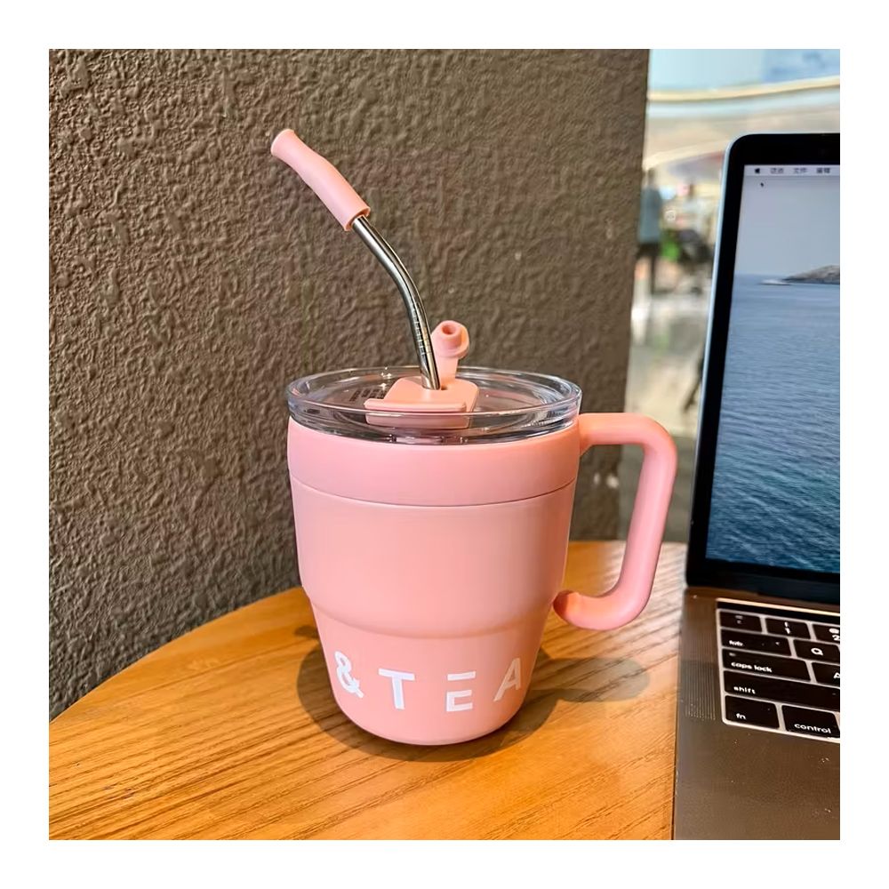AJF Korean Insulated Stainless Steel Coffee Mug With Straw, 460ml, Pink