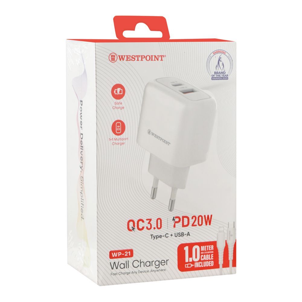 West Point Wall Charger With 1 Meter Cable, 20W Type-C + 18W USB-A ...