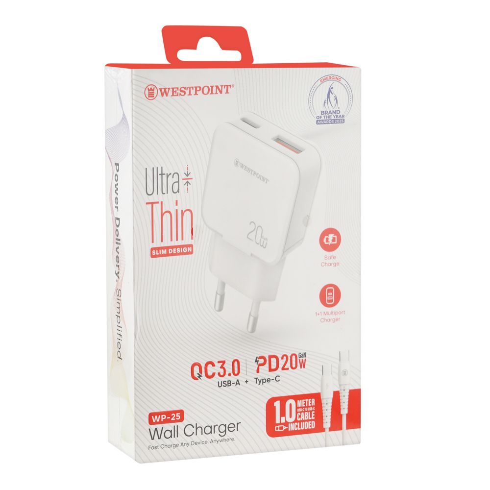 West Point Wall Charger With 1 Meter Cable, 18W USB-A + 20W Type-C ...