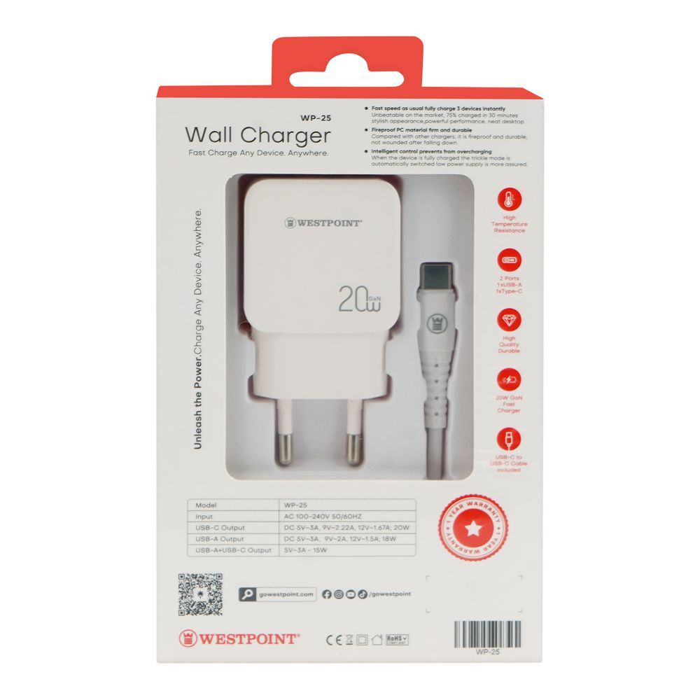 West Point Wall Charger With 1 Meter Cable, 18W USB-A + 20W Type-C ...