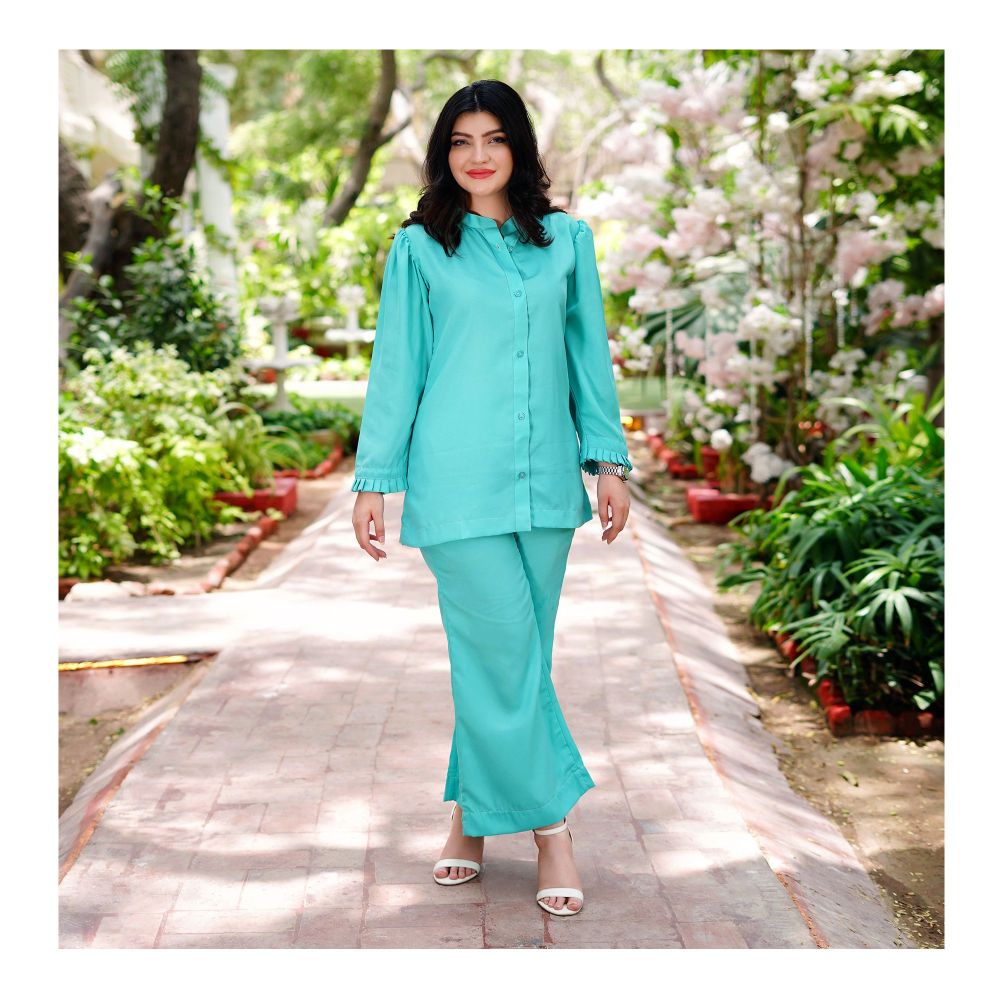 Order Basix Women's Aqua Co-Ord Set Frill Cuff & Bell Bottom Trouser, CORD-101 Online at Best ...