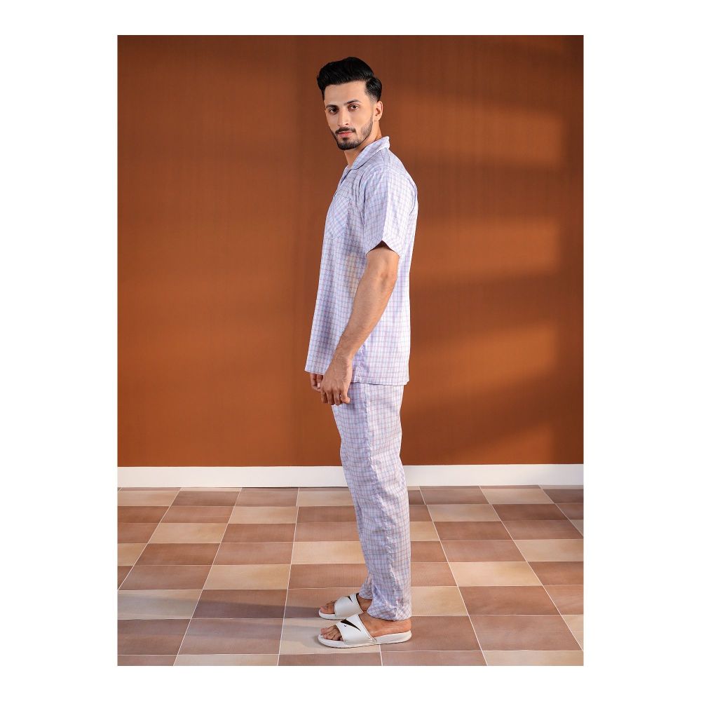 Basix Men's Powder Blue & Lilac Checkered Short Sleeves Loungewear, 2 ...
