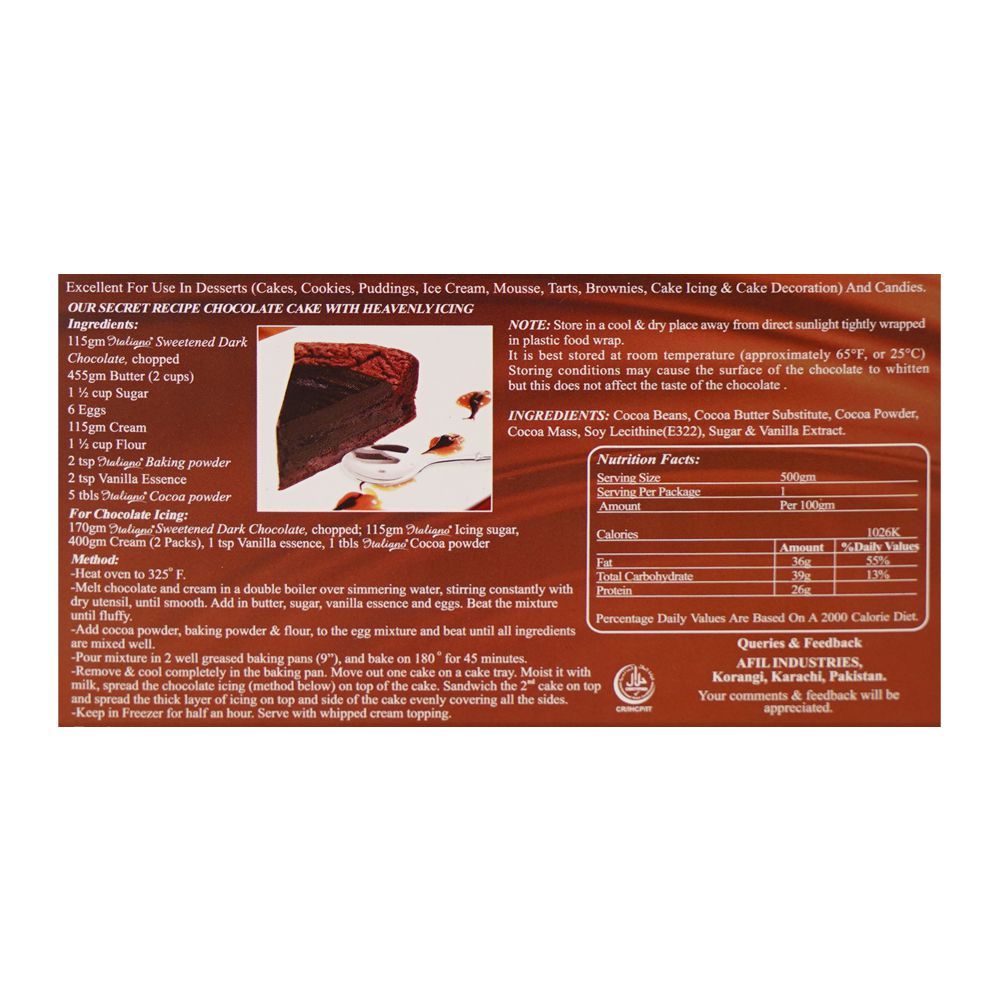 Buy Italiano Cooking Chocolate, Sweetened Dark Chocolate, 500g Online ...