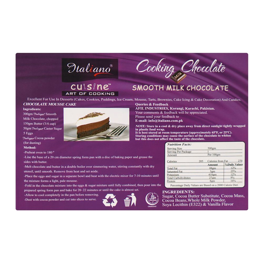 Buy Italiano Cooking Chocolate, Smooth Milk Chocolate, 500g Online at ...