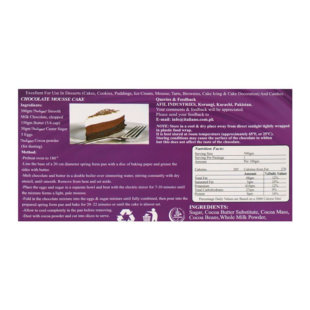 Buy Italiano Cooking Chocolate, Smooth Milk Chocolate, 500g Online at ...