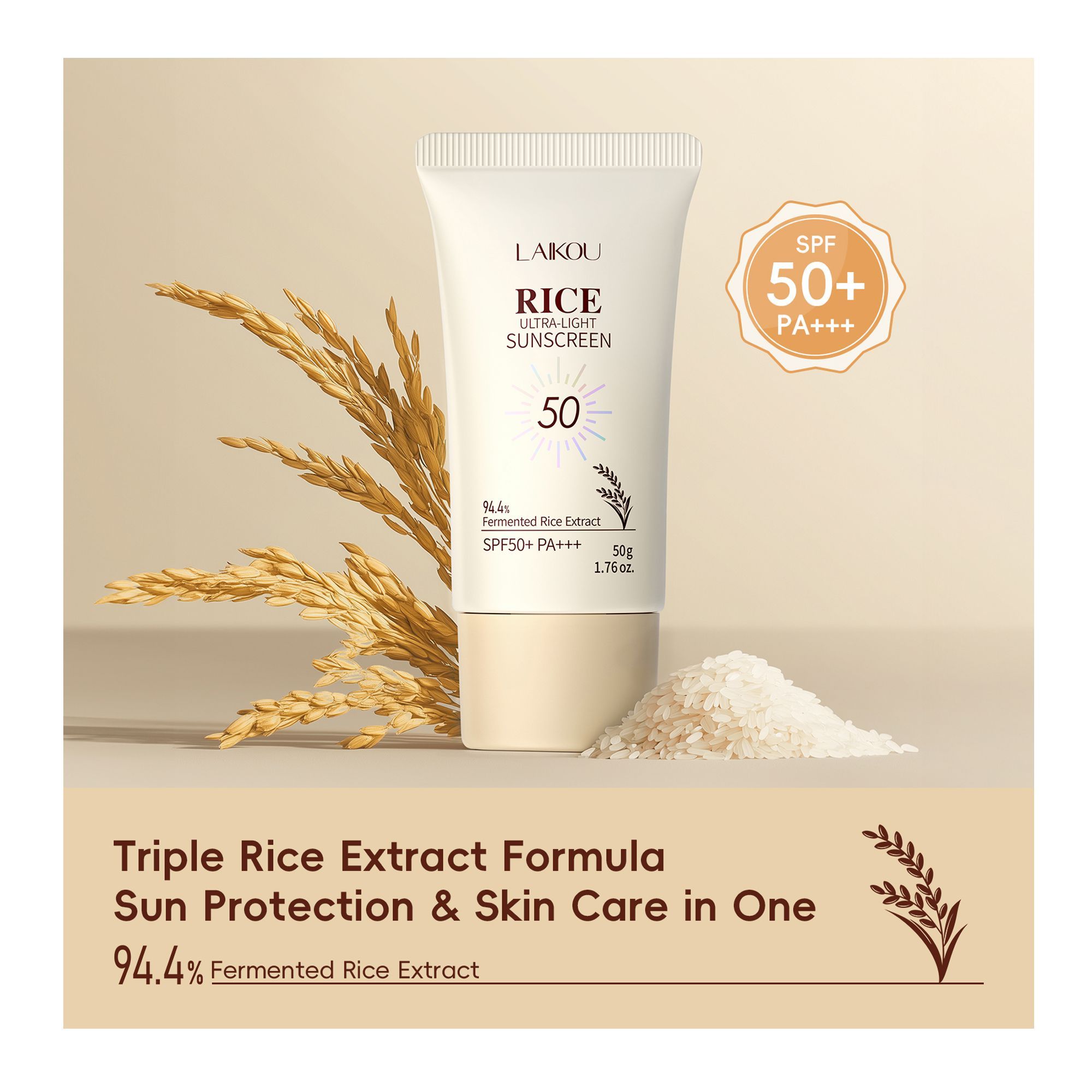 Laikou Rice Ultra-Light Sunscreen, Fermented Rice Extract, SPF50 PA+++ For Various Skin Types ...