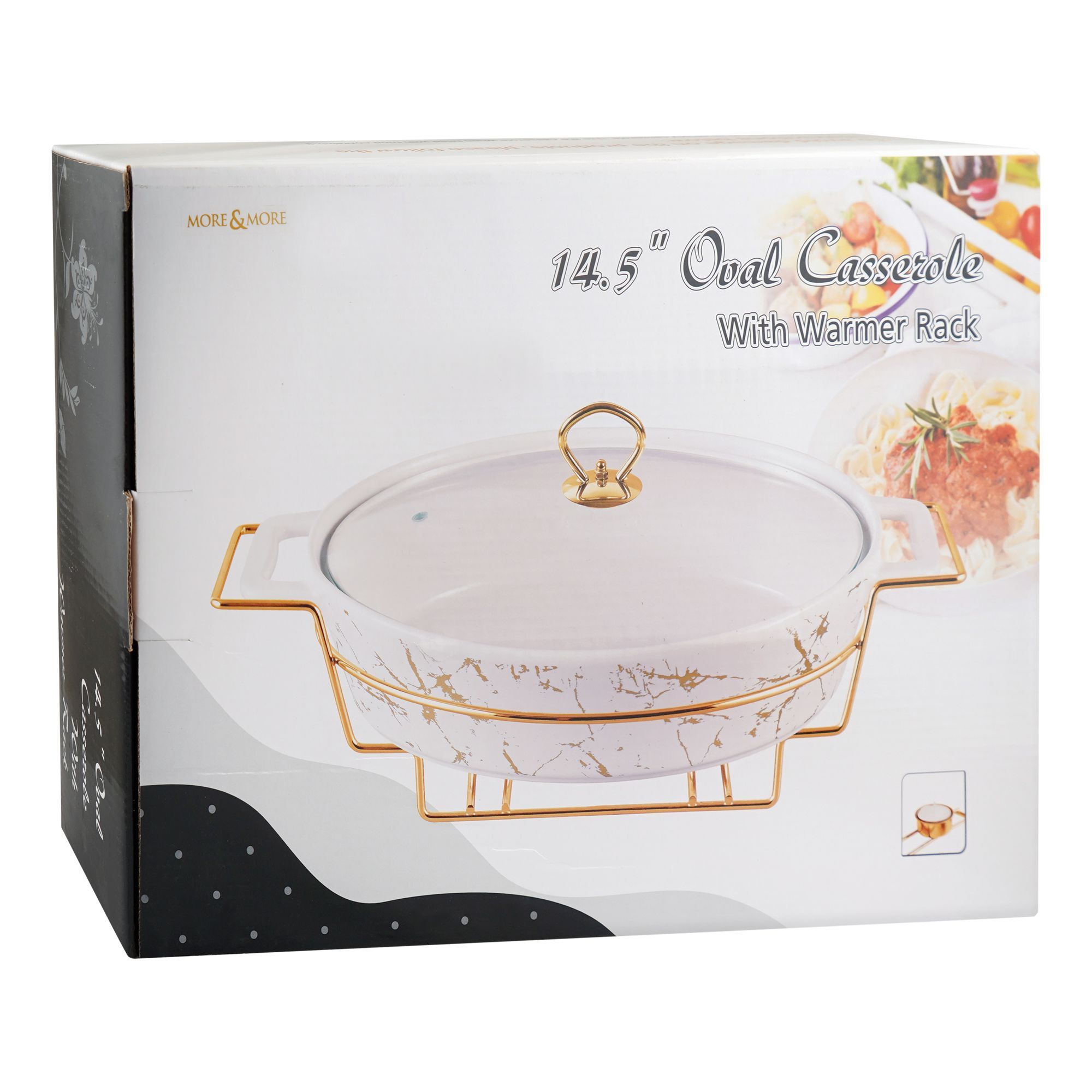 More & More Oval Casserole Dish With Warmer Rack, White, 15 Inches, CX2427