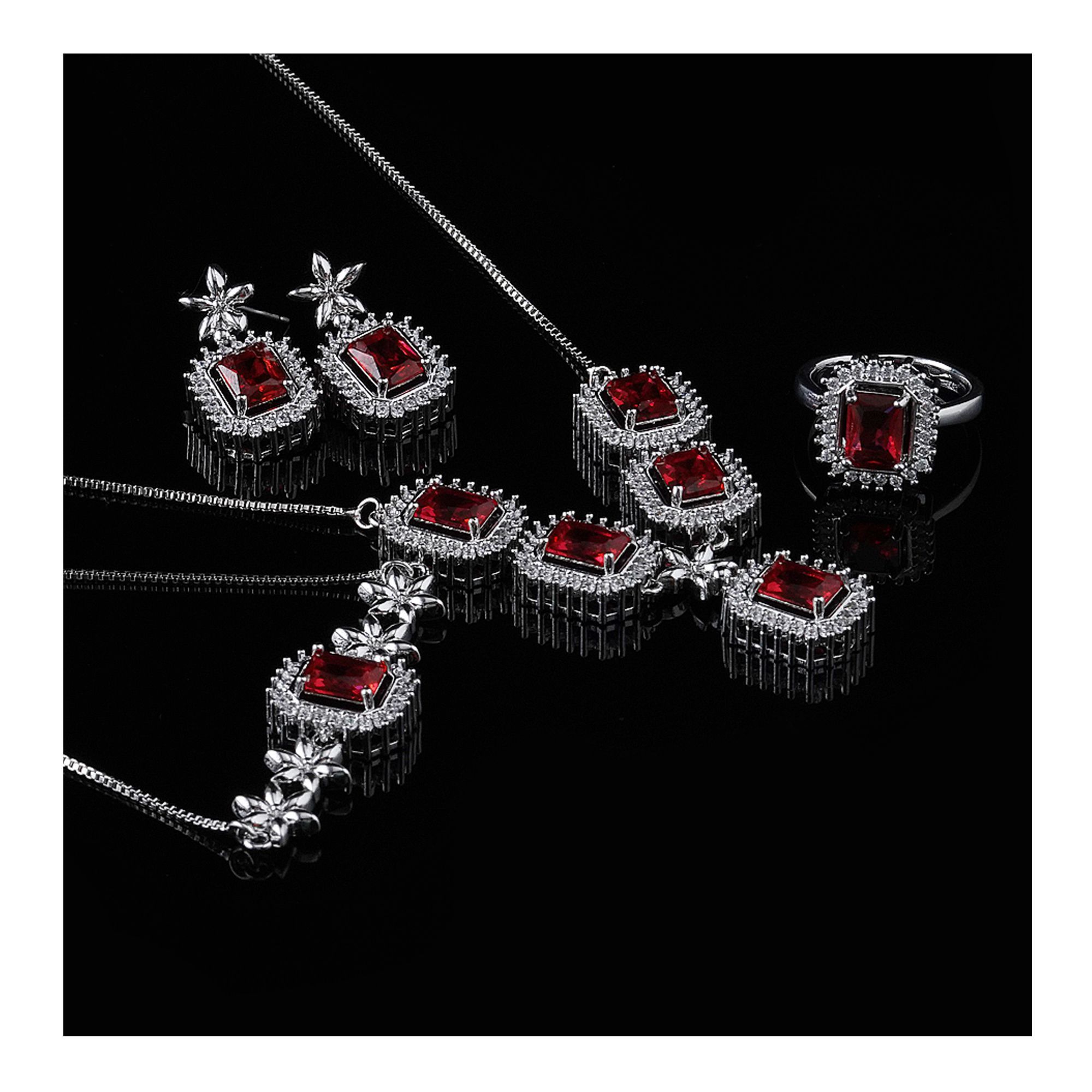SJ Women's Jewellery Set, Silver Ruby, JSet00421