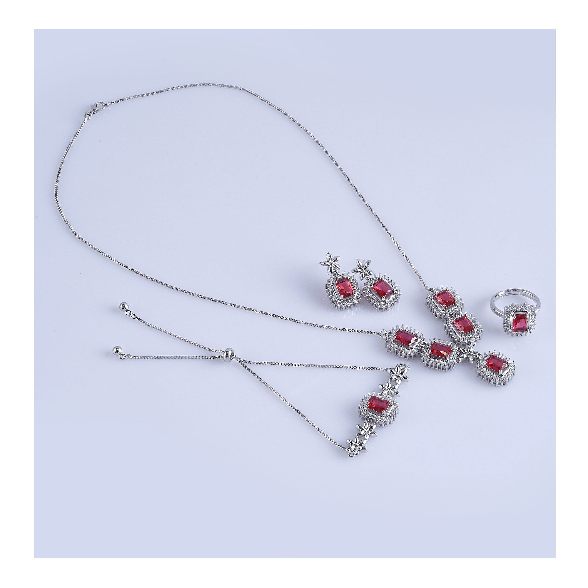 SJ Women's Jewellery Set, Silver Ruby, JSet00421