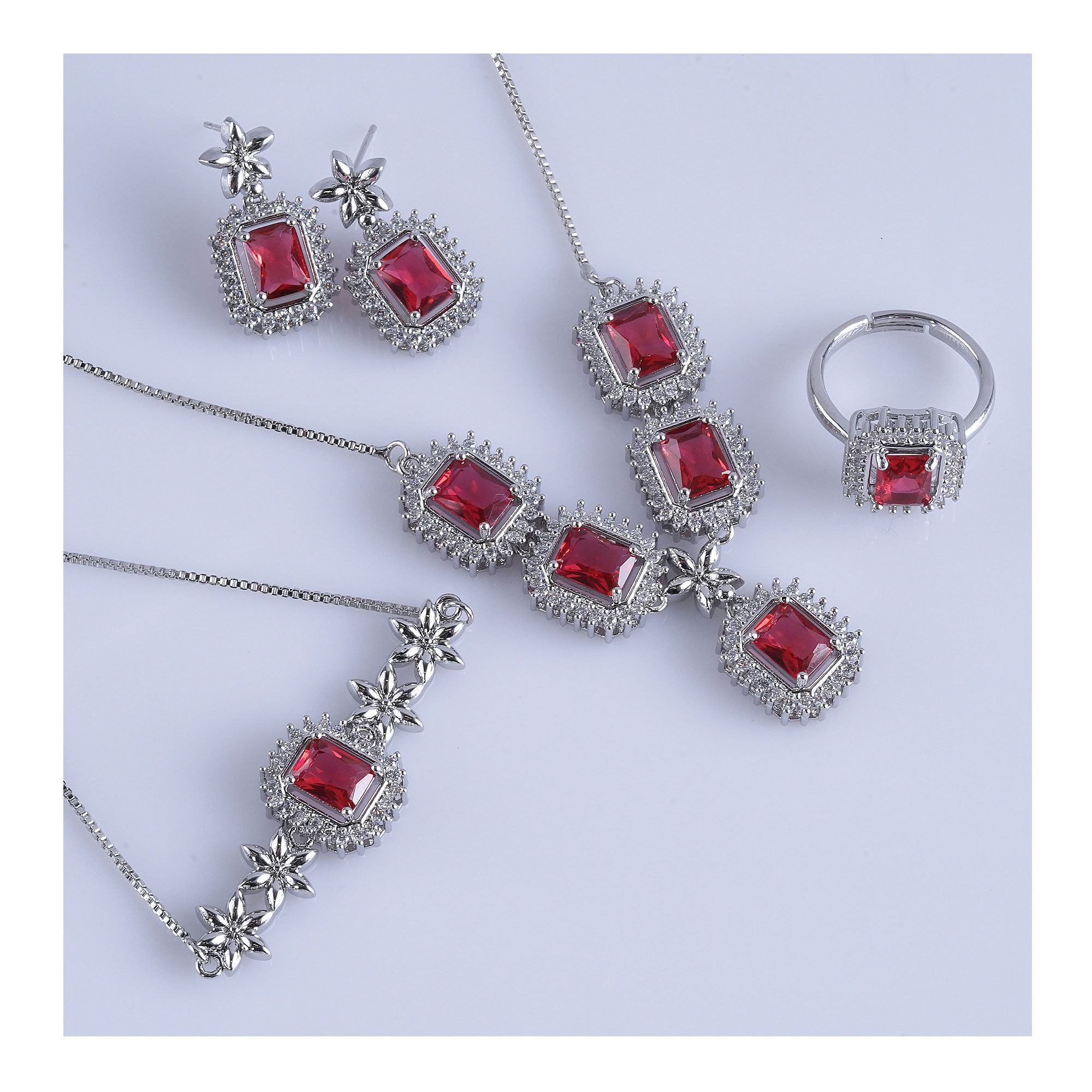 SJ Women's Jewellery Set, Silver Ruby, JSet00421