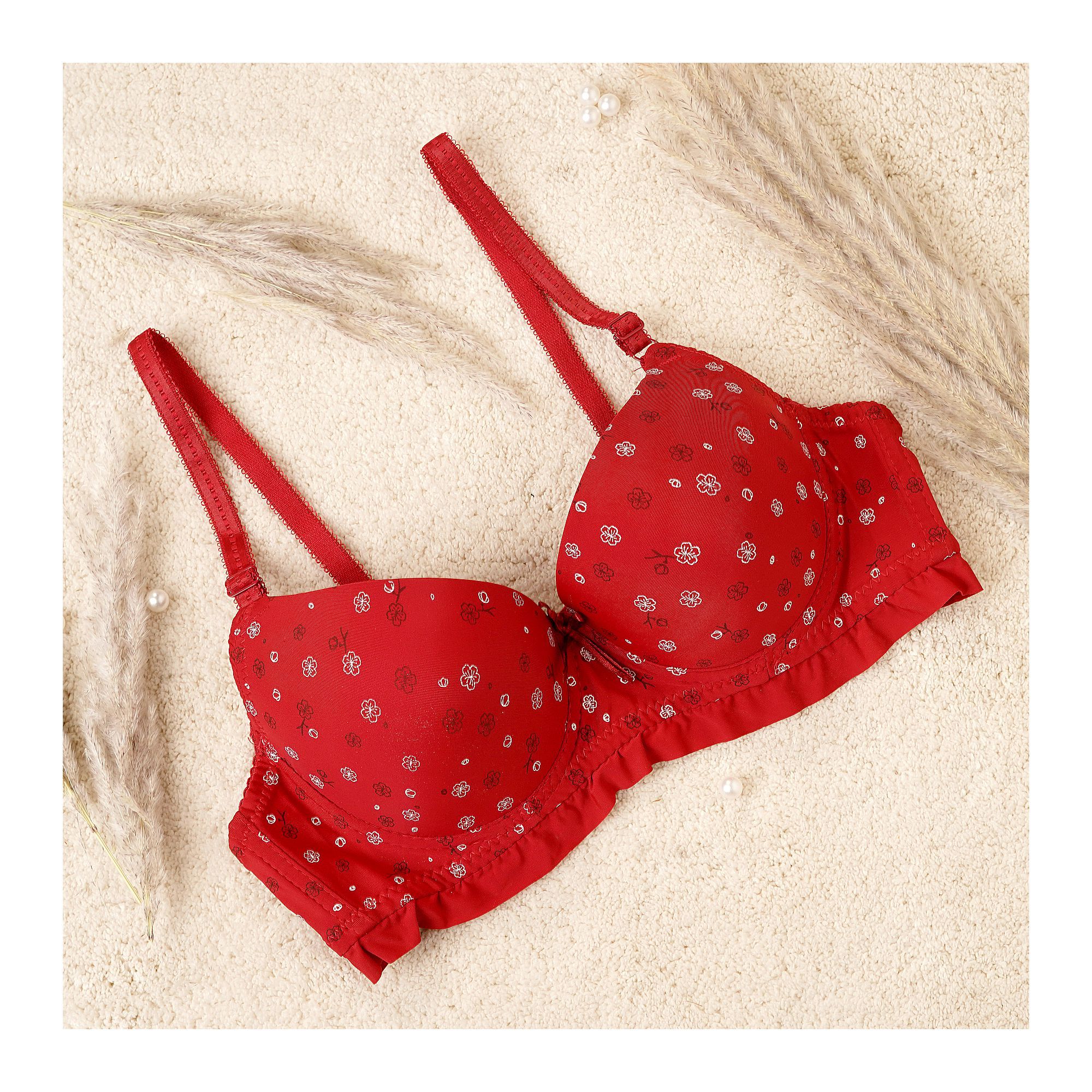 Women's Flower Push Up Bra, 36, Red, 1111